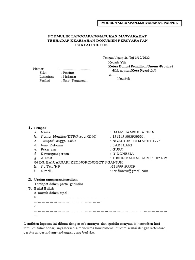MODEL - TANGGAPAN - MASYARAKAT-PARPOL New | PDF MODEL - TANGGAPAN - MASYARAKAT-PARPOL New | PDF