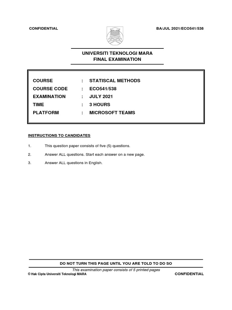 ECO541 Final Examination 20212 Set 1 - DR CHUAH SOO CHENG | PDF | Statistical Significance ...