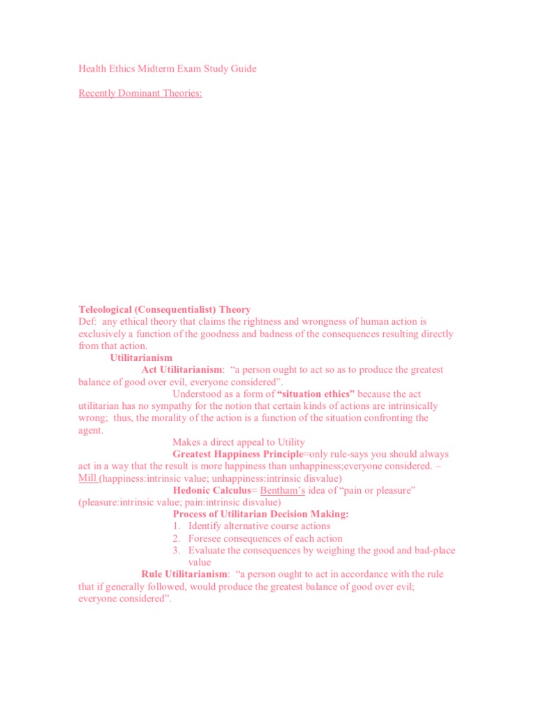 Health Ethics Midterm Exam Study Guide | PDF | Utilitarianism | Psychological Attitude