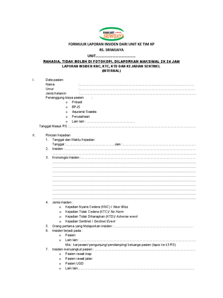 Formulir Laporan Insiden KPC, KTC, KNC, Sentinel Dari Unit Ke Tim KP | PDF