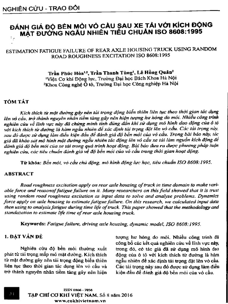 Đánh giá độ bền mỏi vỏ cầu sau xe tải với kích động mặt đường ngẫu nhiên tiêu chuẩn ISO 8608 ...