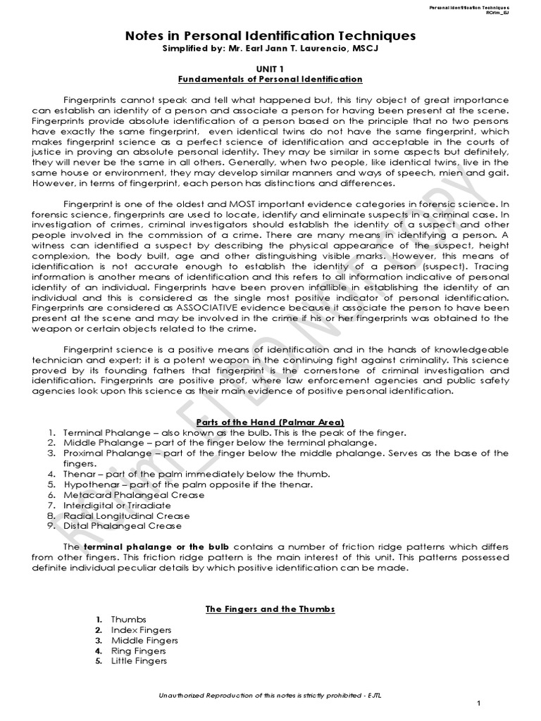 Personal Identification Notes | PDF | Fingerprint | Epidermis