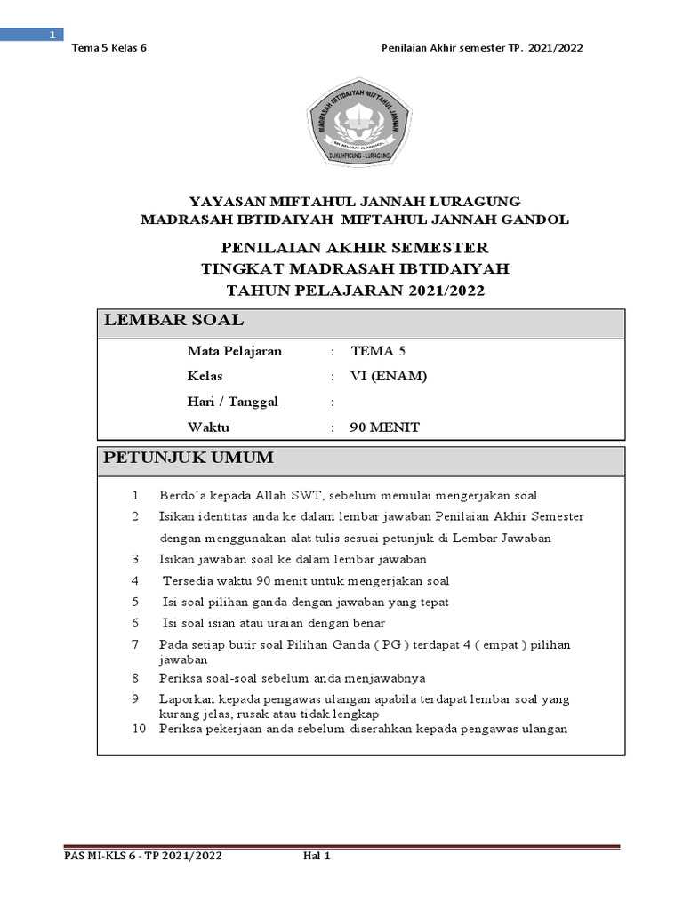 Naskah Soal Pas Kelas 6 Tema 5 | PDF