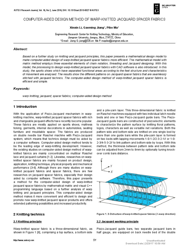 Computer Aided Design Method of Warp Knitted Jacquard Spacer Fabrics | Download Free PDF ...