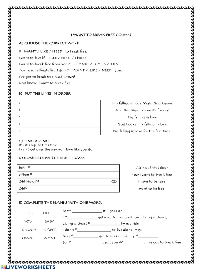 "I Want to Break Free: Lyrics Activity" | PDF