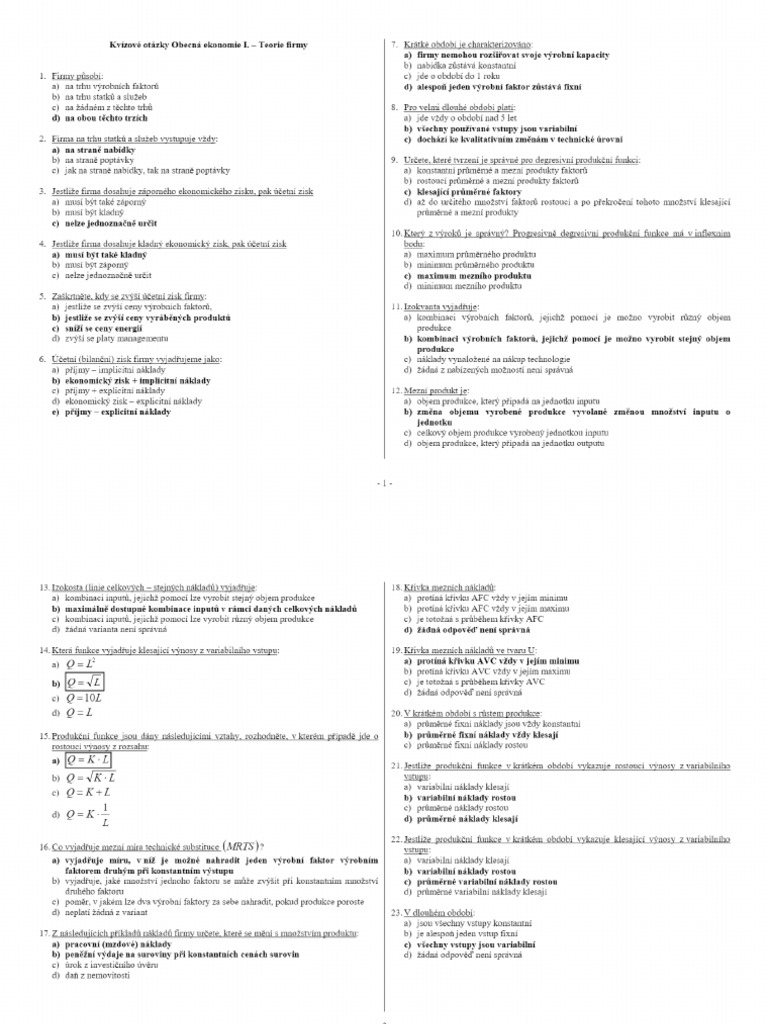 Kvízové Otázky Obecná Ekonomie I Teorie Firmy PDF | PDF