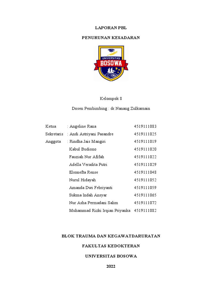 Laporan PBL Kesadaran Menurun KLP 8 Sinovial | PDF