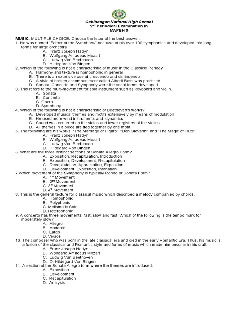 Second Quarter Summative Test in MAPEH 9b | PDF | Classical Period ...