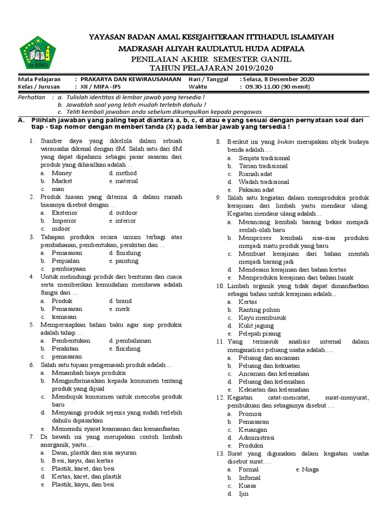 SOAL PAS Prakarya Kelas XII | PDF | Bisnis | Pengelolaan Keuangan & Uang