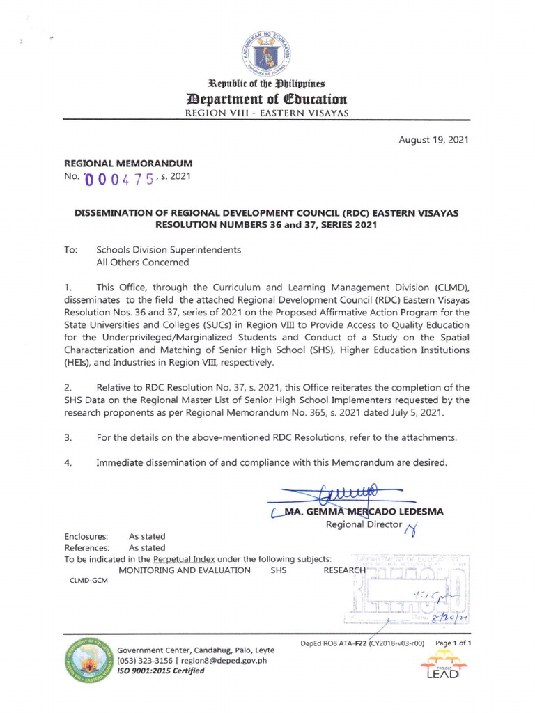 Sample Affirmative Action Program RM-s2021-475 Eastern Visayas | PDF