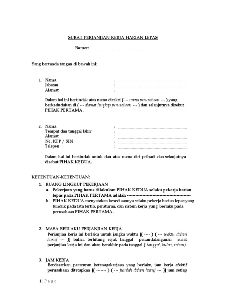 Contoh Surat Perjanjian Kerja Harian Lepas FH UII | PDF