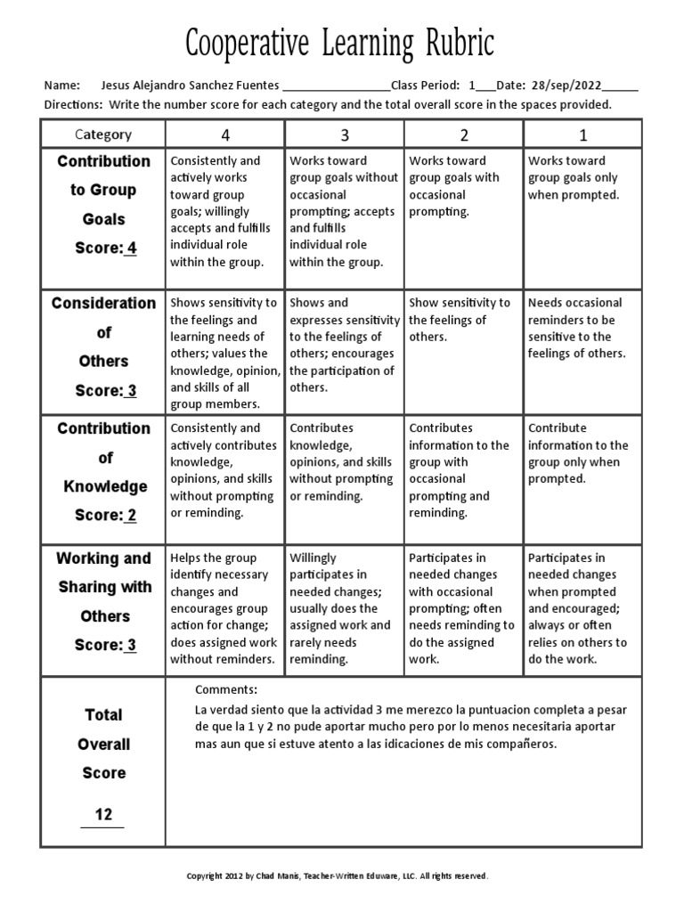 Rubric Cooperative Learning | PDF | Rubric (Academic) | Behavioural ...