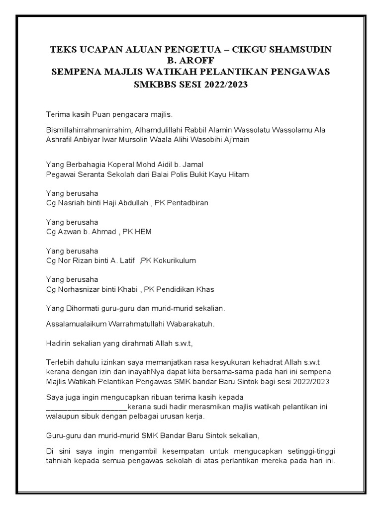 Ucapan Aluan Pengetua Watikah Lantikan | PDF