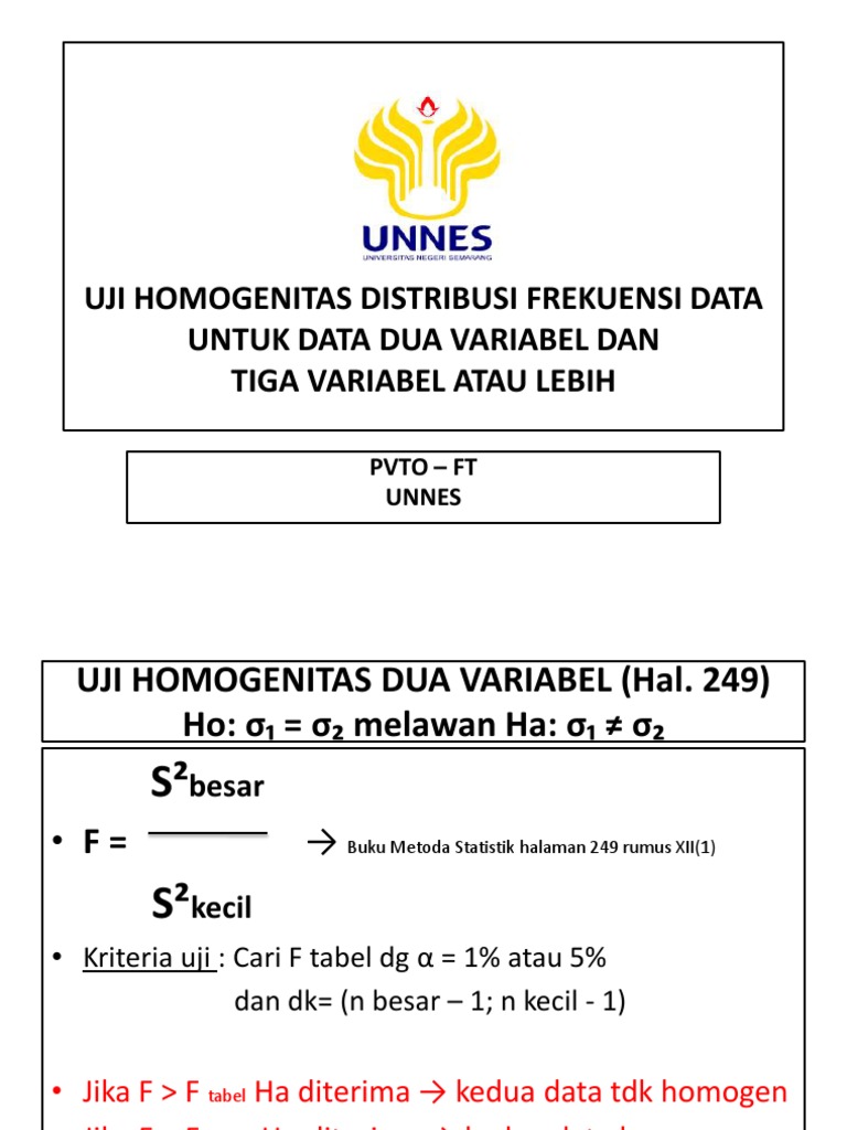 Uji Homogenitas Data Dua dan Tiga Variabel | PDF | Metode & Bahan Ajar | Sains & Matematika