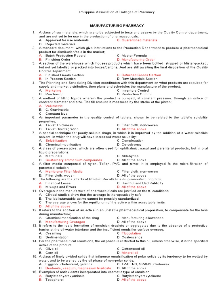 Manufacturing Pharmacy Answer Key-PINK PACOP | PDF | Tablet (Pharmacy ...