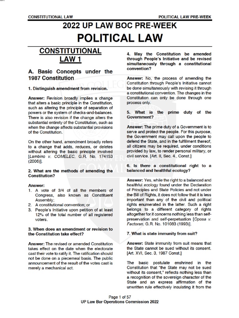 2022 UP PreWeek - Political Law | PDF