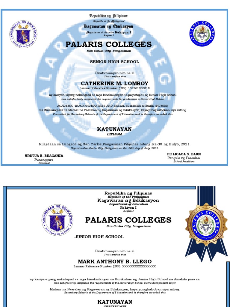 2020 DepEd Certificate of Completion Junior HS and Senior | PDF