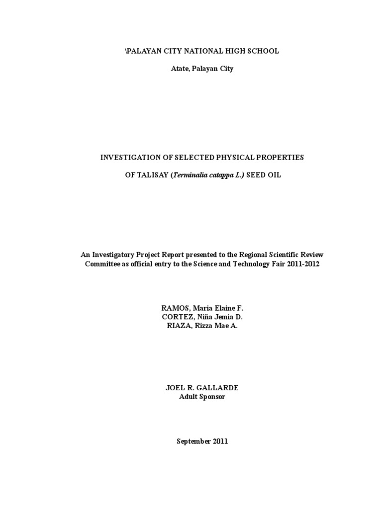 Investigatory Project Talisay | PDF | Vegetable Oil | Fat