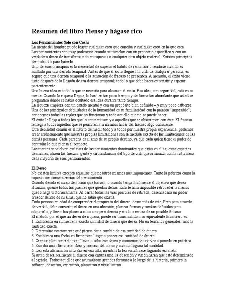 Resumen Del Libro Piense y Hágase Rico | PDF | Mente | Pensamiento