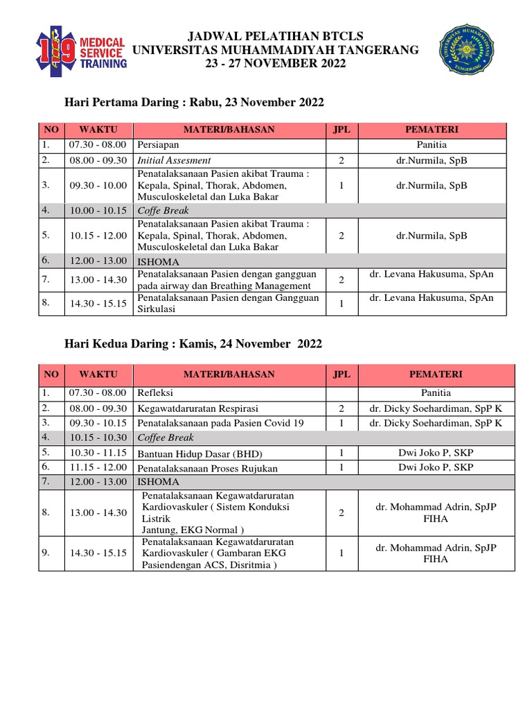 Jadwal BTCLS Universitas Muhammadiyah Tangerang (23 - 27 November 2022) | PDF