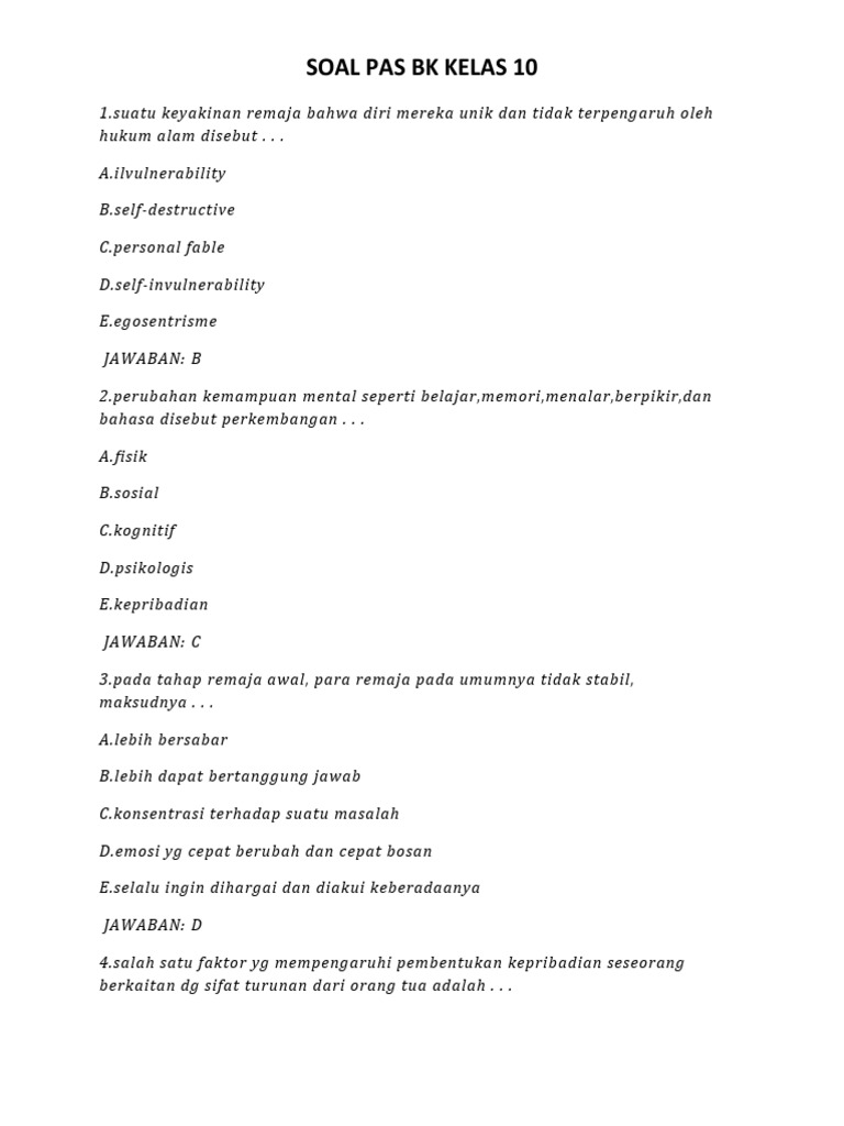 Soal PAS BK Kelas 10 | PDF
