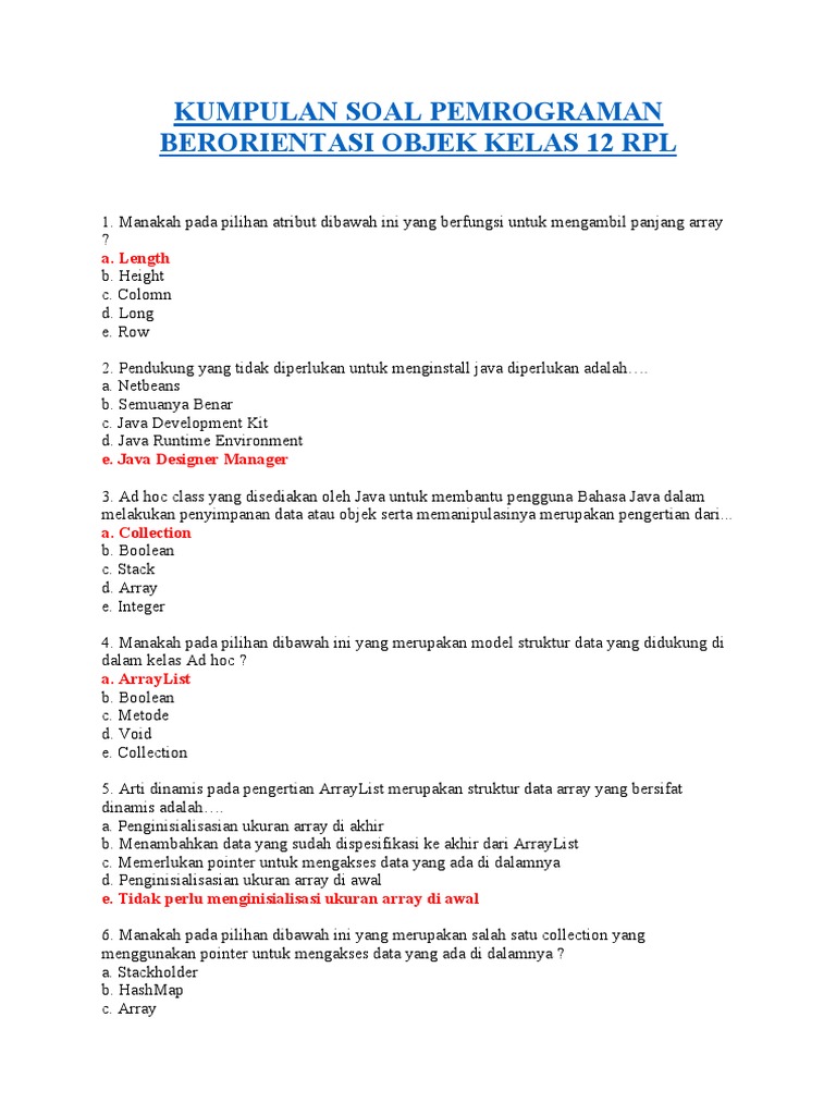 Kumpulan Soal Pemrograman Berorientasi Objek Kelas 12 RPL | PDF