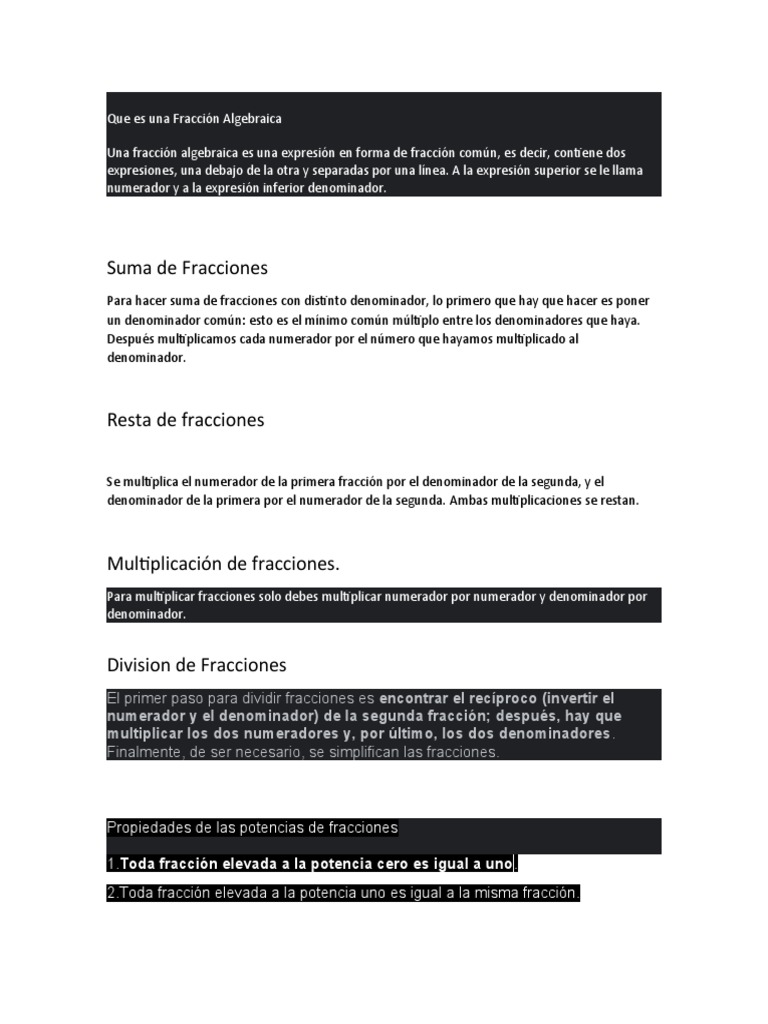 Fracciones Algebraicas: Sumas y Propiedades | PDF | División ...