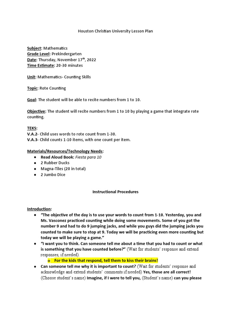 Rote Counting Lesson for PreK | PDF | Teachers | Learning