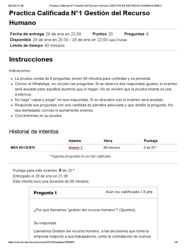 Practica Calificada N°1 Gestión del Recurso Humano_ GESTION DE RECURSOS HUMANOS (6081) | PDF ...