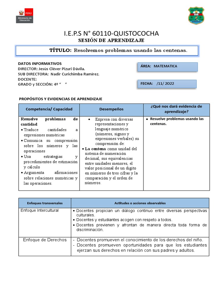 SESION 05-MAT. Resolvemos Problemas Usando La Centena | PDF | Aprendizaje | Ciencia cognitiva