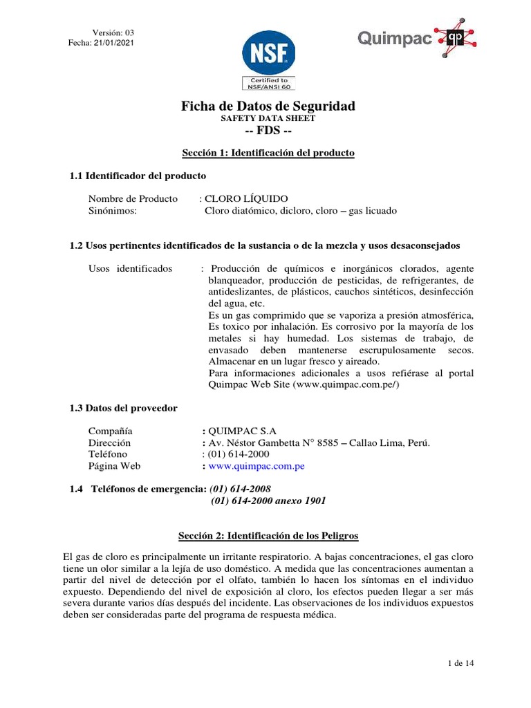 FDS Cloro Líquido | PDF | Agua | Cloro