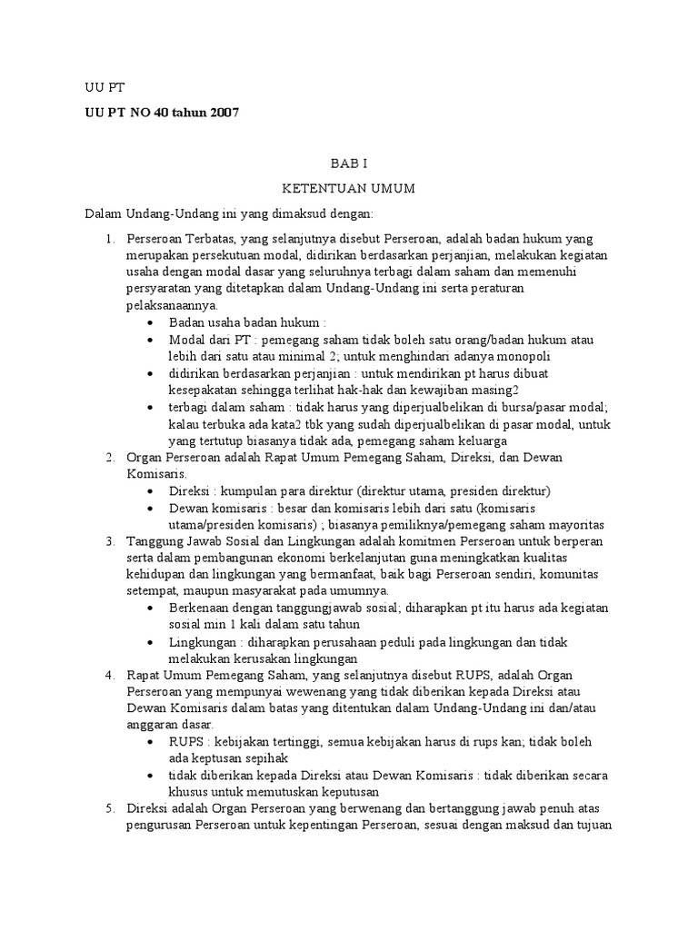 UU PT 2007: Ketentuan Umum dan Pengaturan Perseroan | PDF