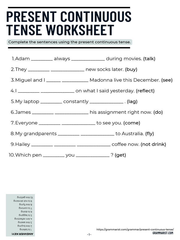 Present Continuous Tense Worksheet | PDF