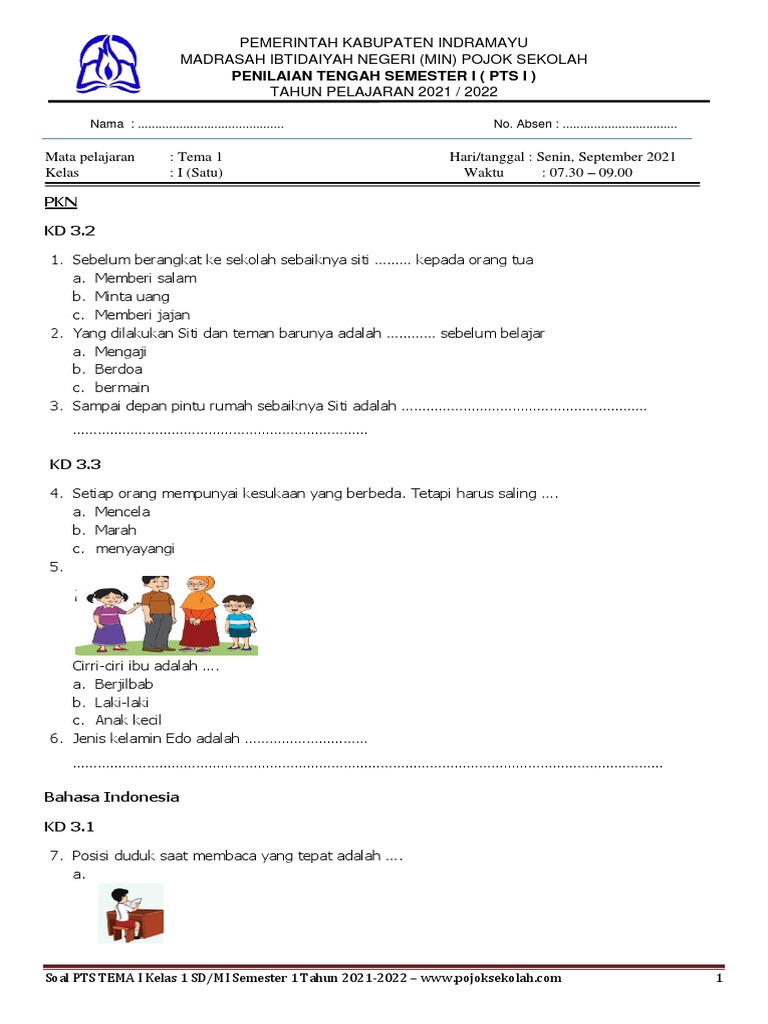 Soal PTS Kelas 1 Semester 1 Tema 1 | PDF