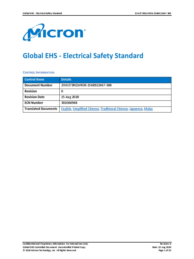 Micron Global EHS Electrical Safety Standard | PDF