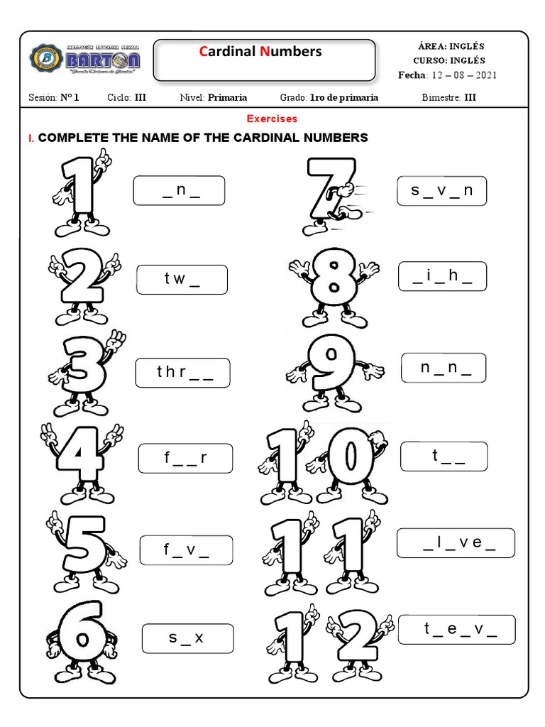Exercise 1 Cardinal Numbers 1 Grade | PDF