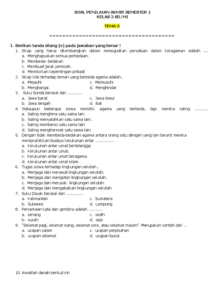 Soal PAS Kelas 2 Sem 1 Tema 3 - Reupload Kamimadrasah | PDF