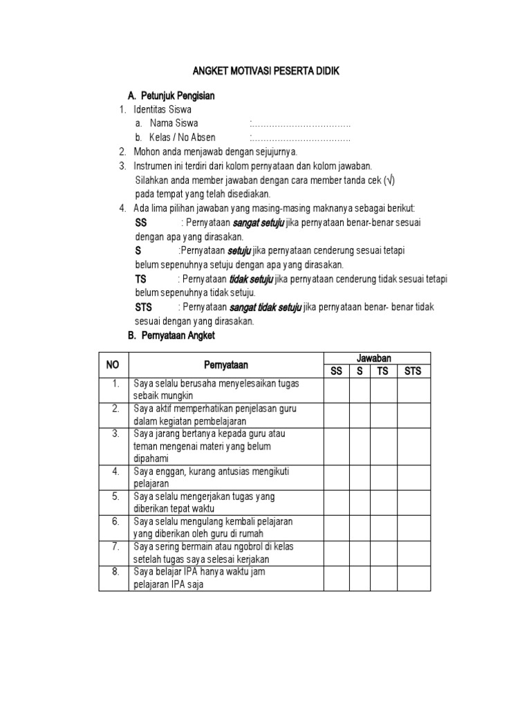 Angket Motivasi Peserta Didik | PDF