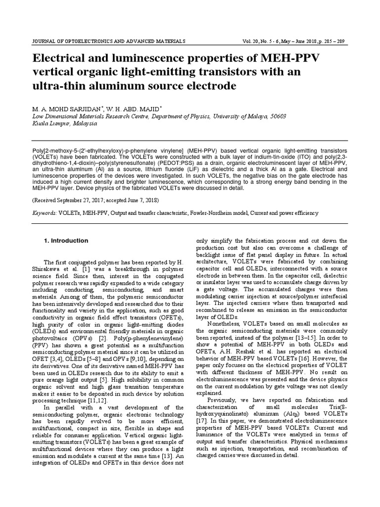 Electrical and Luminescence Properties of MEH-PPV Vertical Organic ...