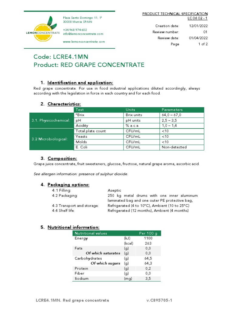 Lcre4.1mn Red Grape Concentrate C895705-1 | PDF | Foods | Colony ...