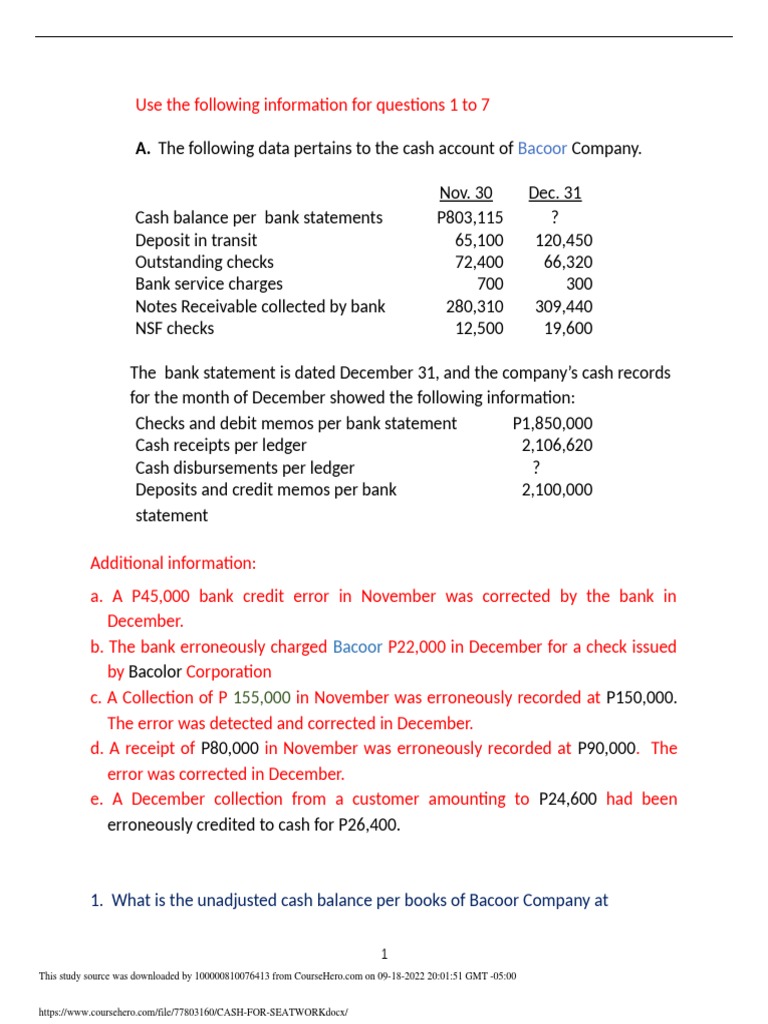 Cash For Seatwork | PDF | Debits And Credits | Banks
