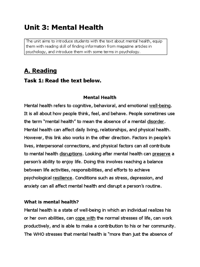 Unit 3 - Mental Health | PDF | Mental Disorder | Mental Health