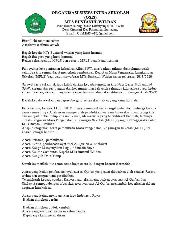 Teks MC Pembukaan MPLS MTs 2019 | PDF