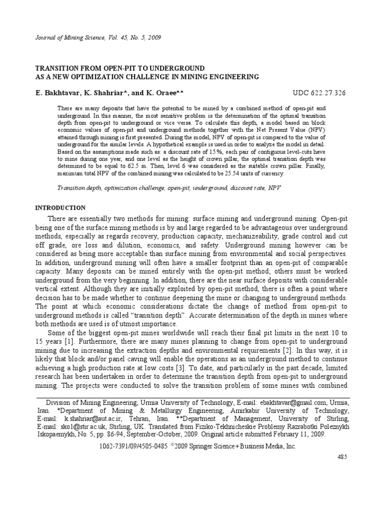 Transition From Open Pit To Underground As A New Optimization Challenge In Mining Engineering