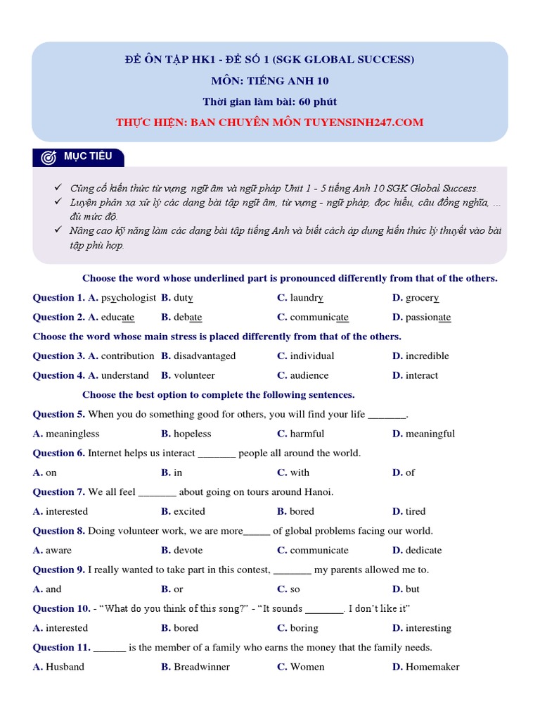 Review For Final Test - English 10 Global Success | PDF