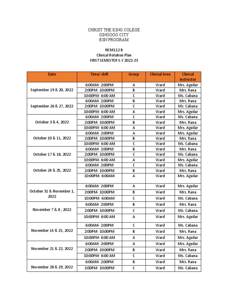 Clinical Rotation Schedules for Nursing Students at Christ the King ...