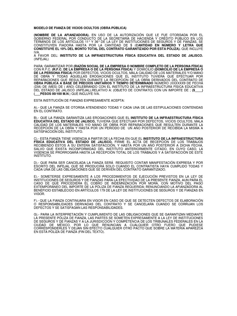Fianza de Vicios Ocultos (Modelo) | PDF Fianza de Vicios Ocultos (Modelo) | PDF