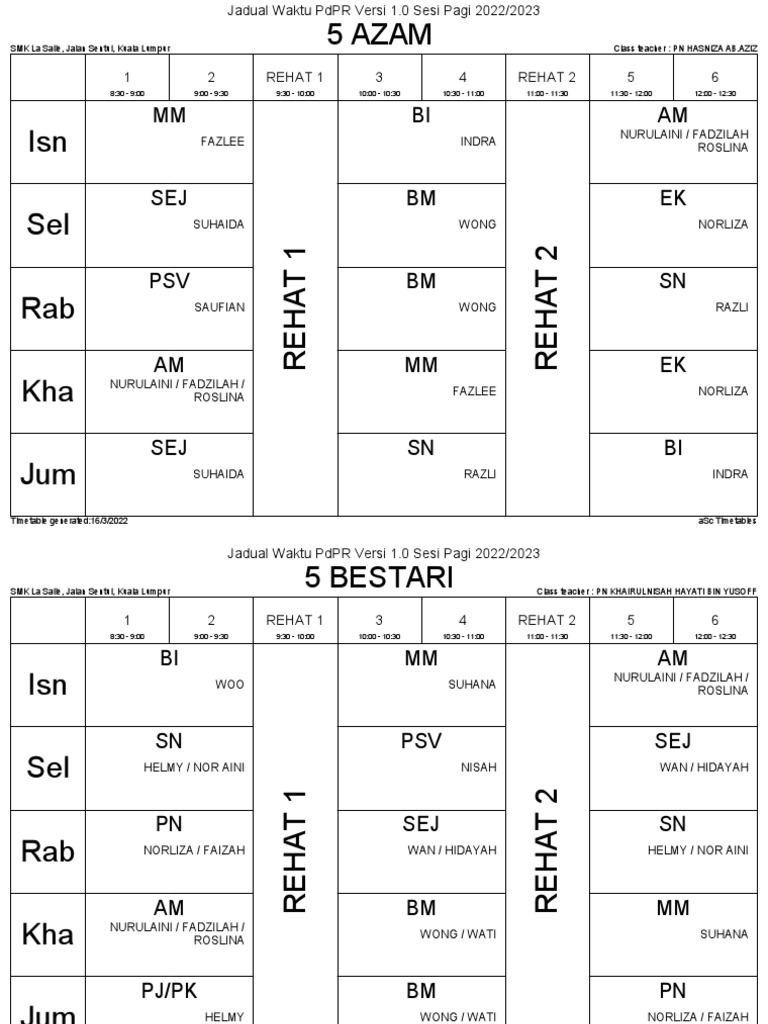 Jadual PDPR Versi 1.0 Kelas Sesi Pagi 2022 2023 | PDF