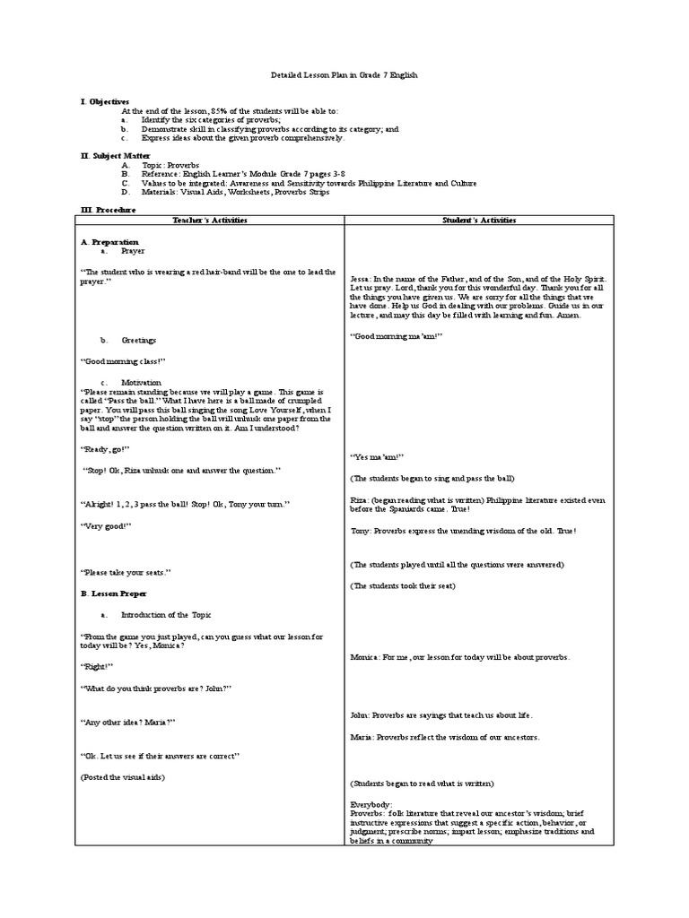 Detailed Lesson Plan in Grade 7 English | PDF | Lesson Plan | Book Of ...