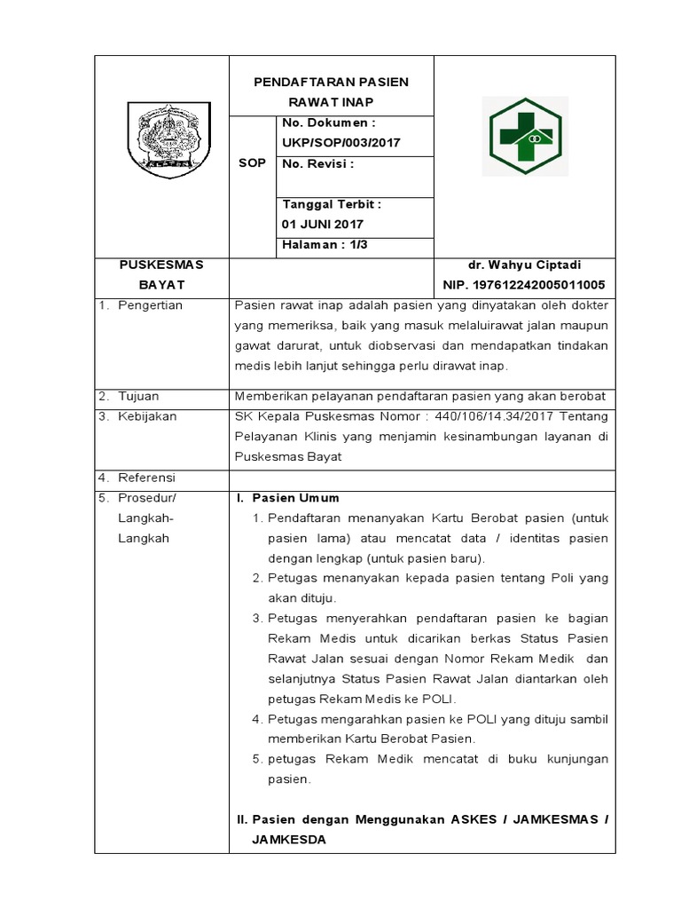 7.1.1.1.C Sop Pendaftaran Pasien Ranap | PDF